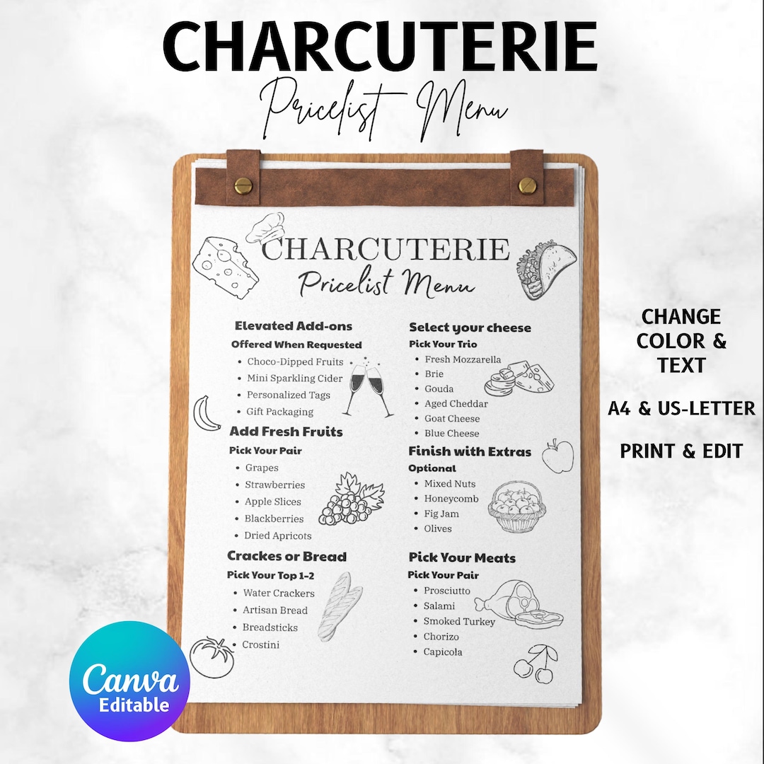 Editable Charcuterie Pricelist Menu, Charcuterie Business Pricelist ...