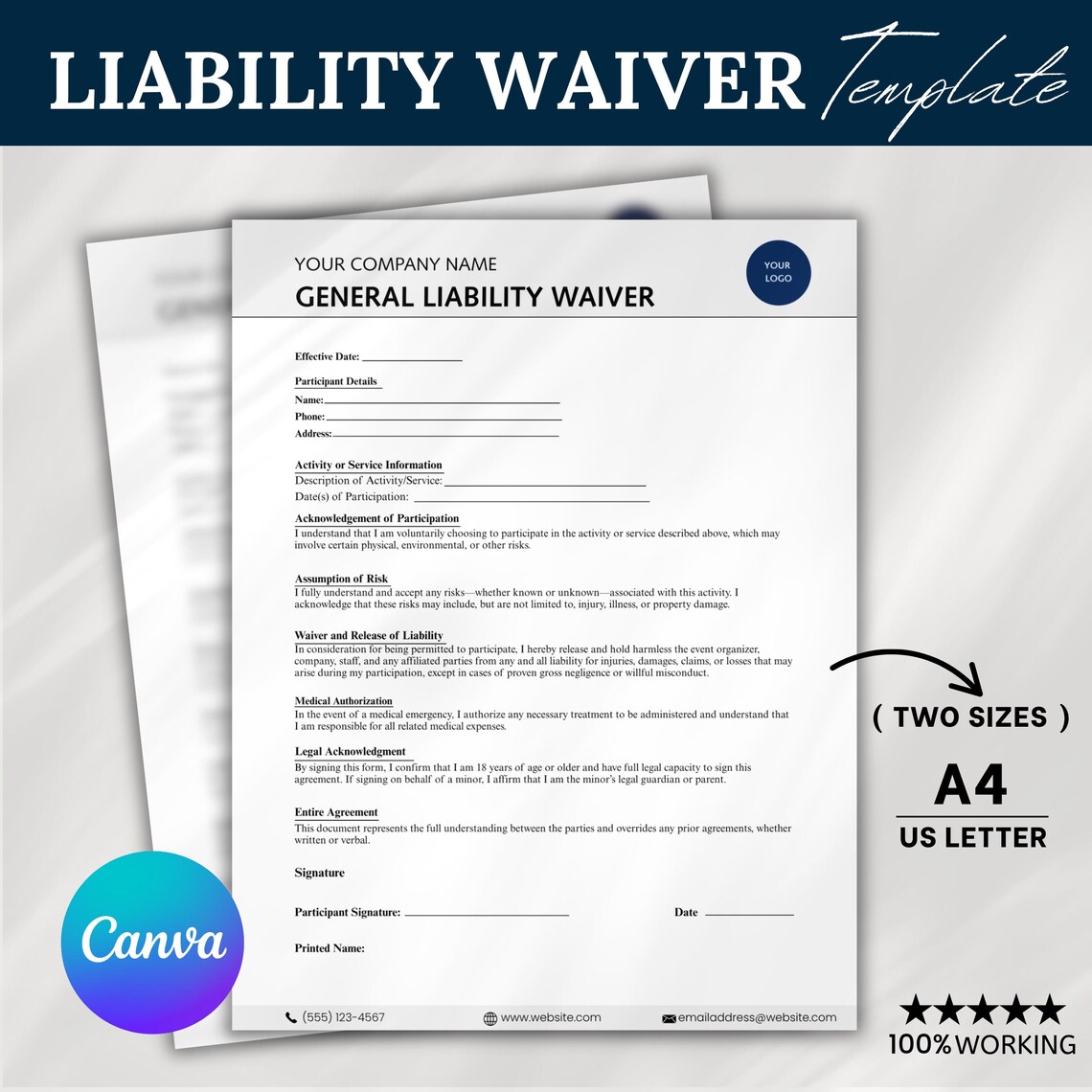 Simple Liability Waiver Agreement for All Purpose, One Page Liability ...