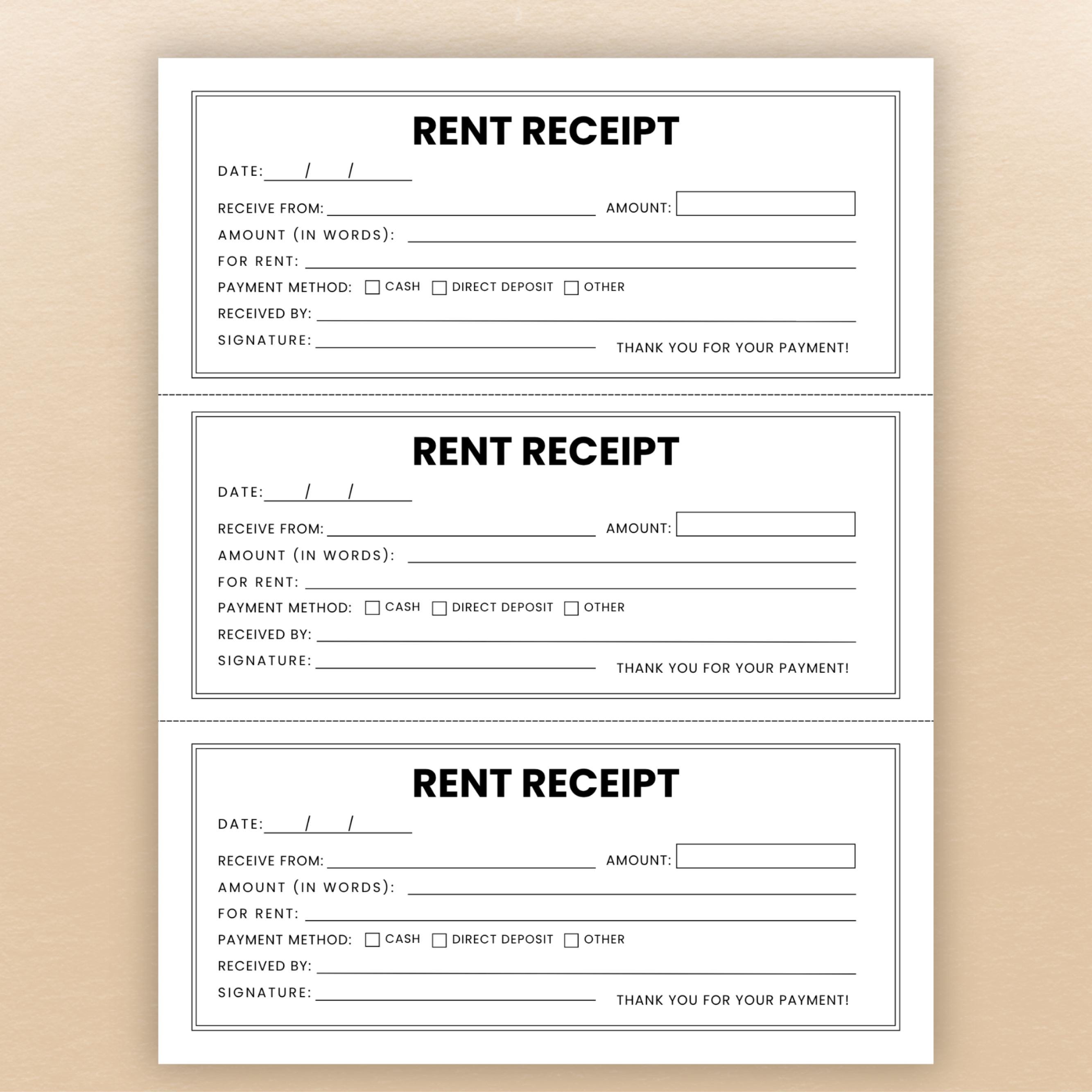 Editable Rent Receipt Template, Printable Simple Rent Receipt ...