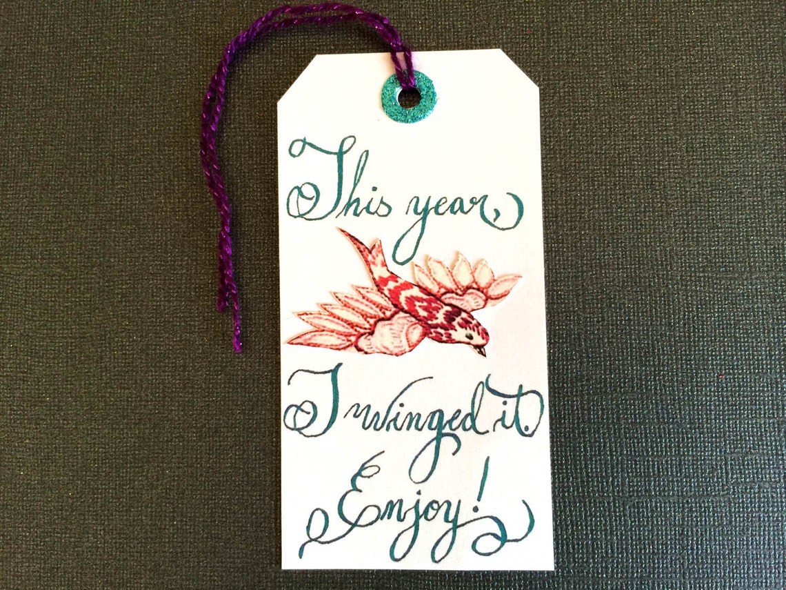 Bird Holiday Gift Tag Hand-lettered With Aqua Calligraphy, Purple Tie ...