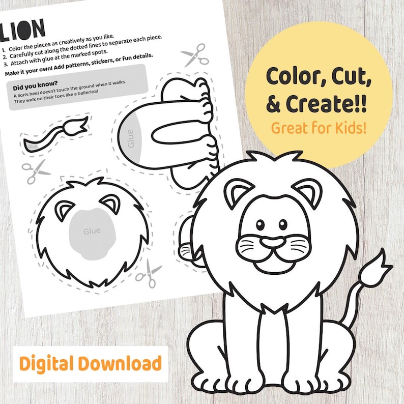 Lion Cut & Glue Coloring Craft Printable Kindergarten Preschool ...