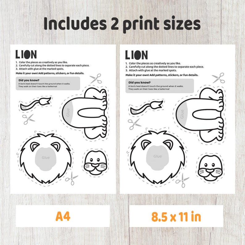 Lion Cut and Glue Craft: Printable Coloring Activity (digital Download ...