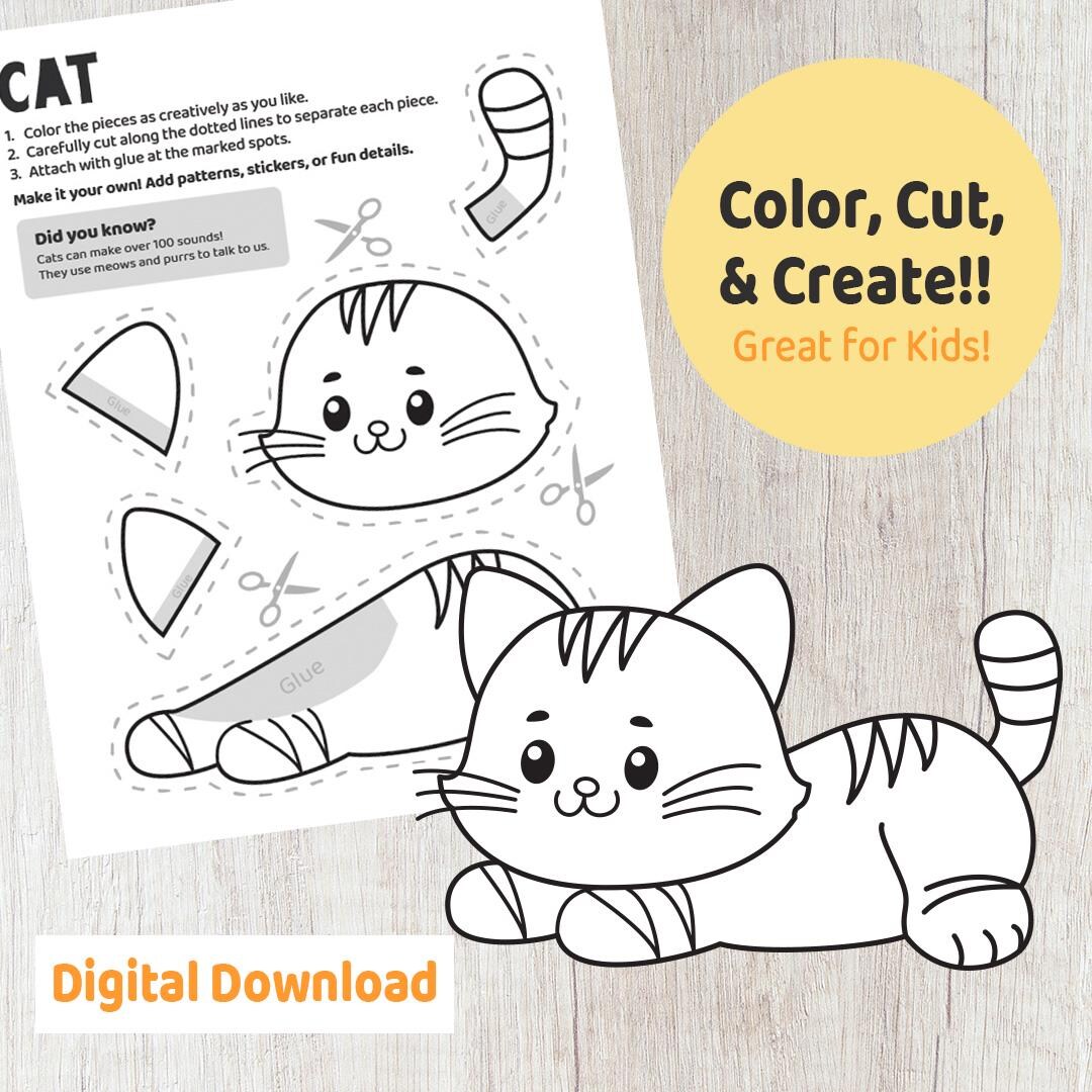 Cat Cut and Glue Craft: Coloring Activity Sheets (digital Download) - Etsy
