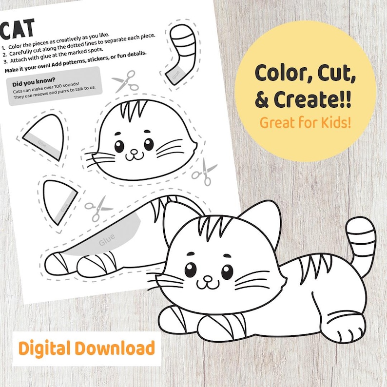 Cat Cut & Glue Coloring Craft Printable Kindergarten Preschool ...