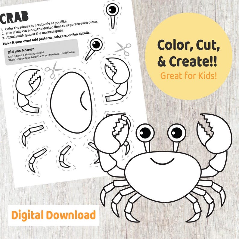 Crab Cut and Glue Craft: Printable Activity Sheets (digital Download ...