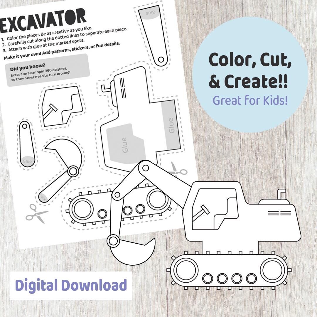 Excavator Cut & Glue Coloring Craft Printable Kindergarten Preschool ...