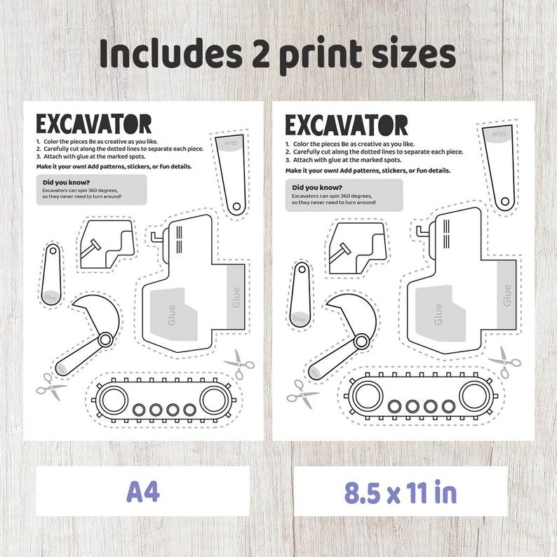 Excavator Cut & Glue Coloring Craft Printable Kindergarten Preschool ...