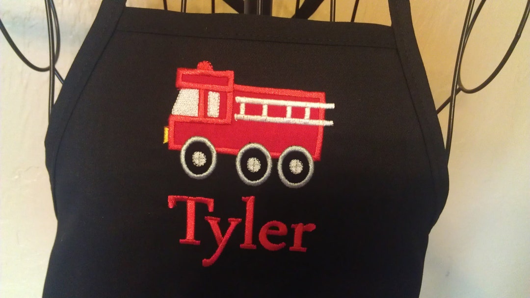 Personalized Fire Truck Apron - Kids Apron - Adult Apron - Black Apron ...