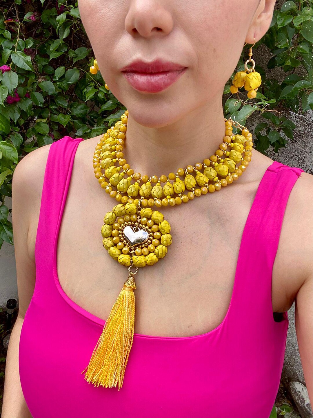 Yellow Palm Beaded Jewelry Set – Handmade Bold Necklace With Silver ...