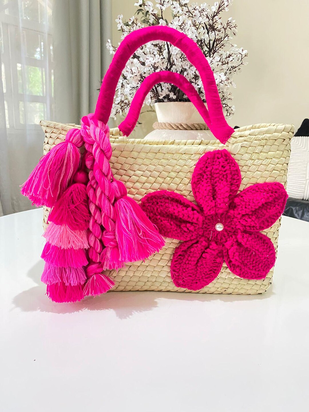 Handmade Woven Palm Tote Bag: Fuchsia Flower, Boho Beach Purse - Etsy