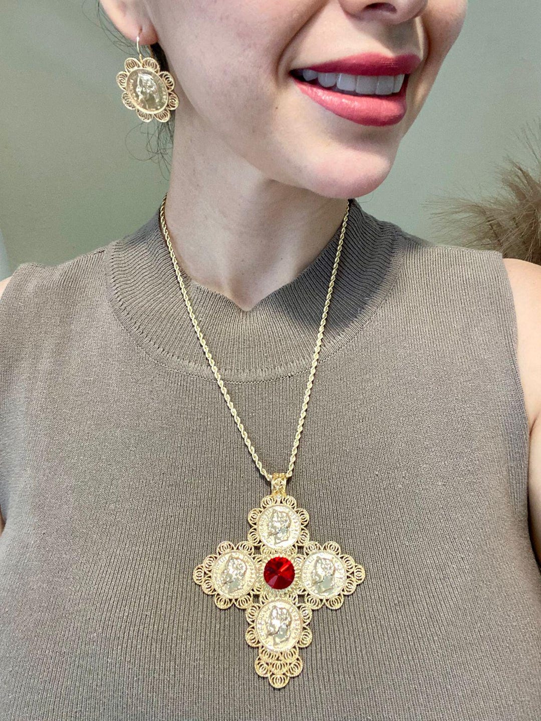 Gold Filigree Cross Jewelry Set: Mexican Artisan Necklace and Earrings ...