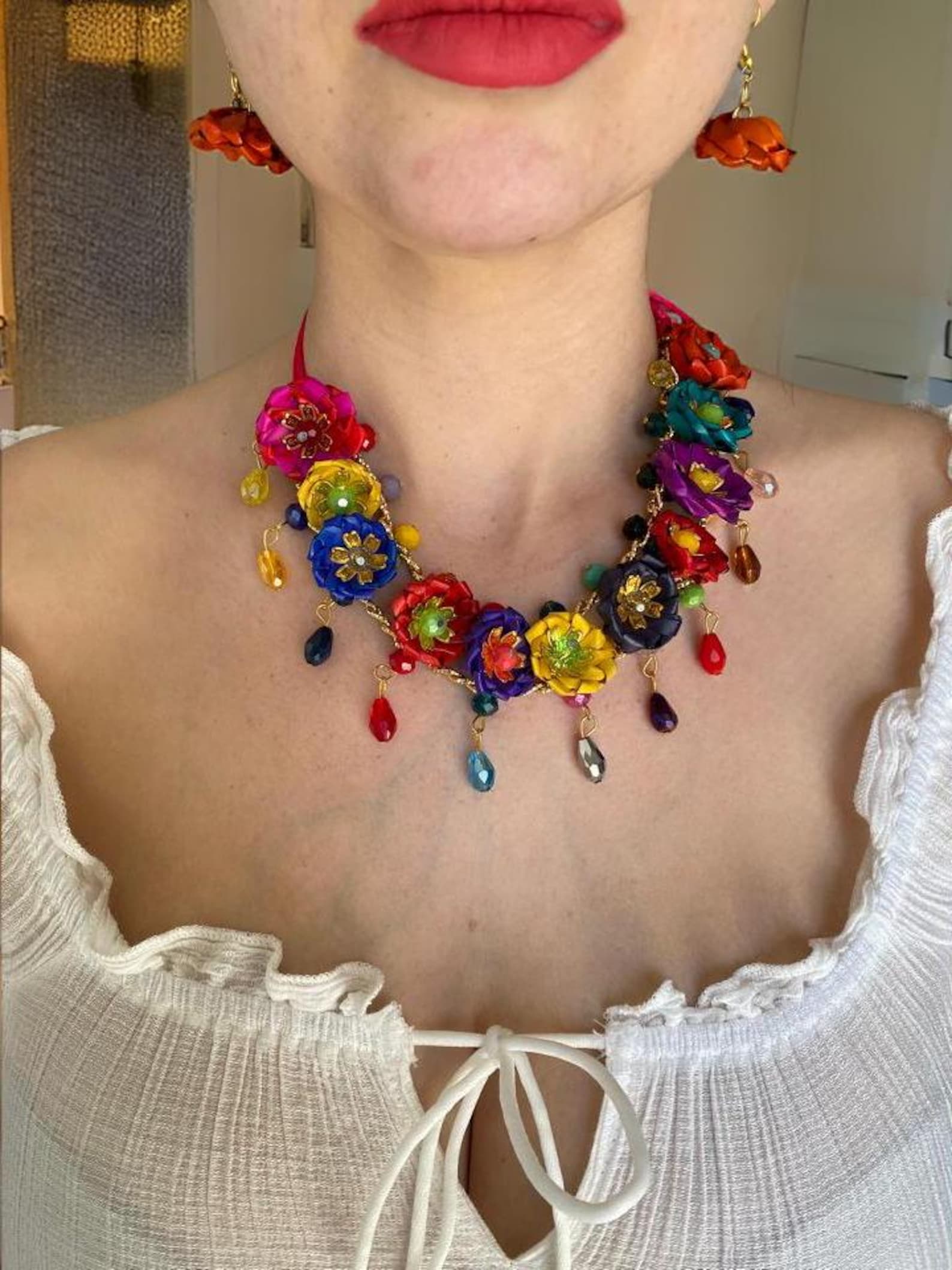 Handmade Palm Necklace and Earrings Set - Colorful Floral Design - Boho ...