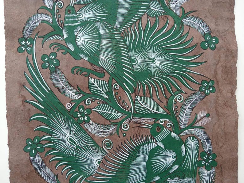 Mexican Amate Painting 40×60 Cm – Green Birds Folk Art – Handmade ...