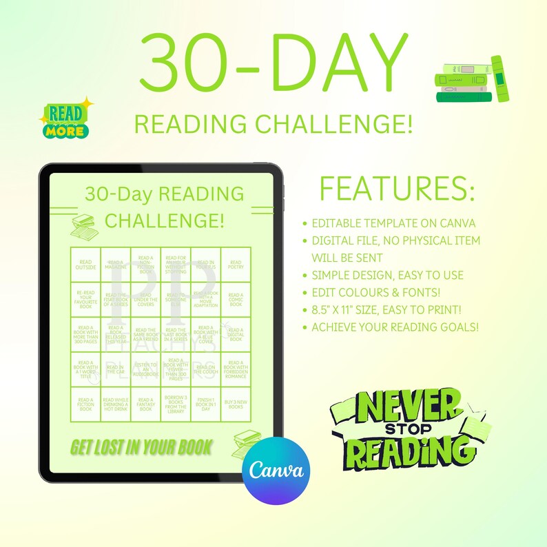 Editable 30 Day Reading Challenge | Canva Template for Book Club Bingo ...
