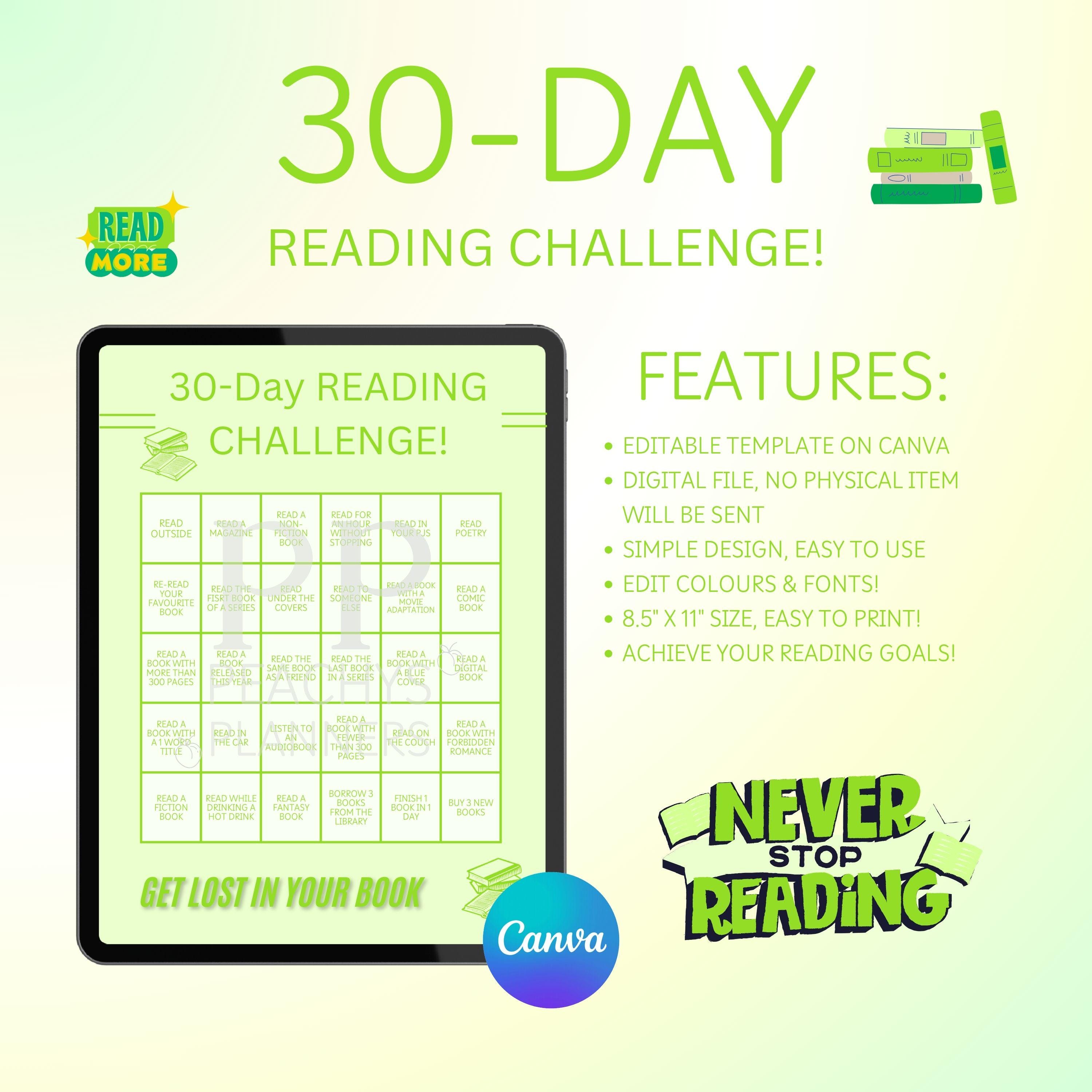 Editable 30 Day Reading Challenge | Canva Template for Book Club Bingo ...