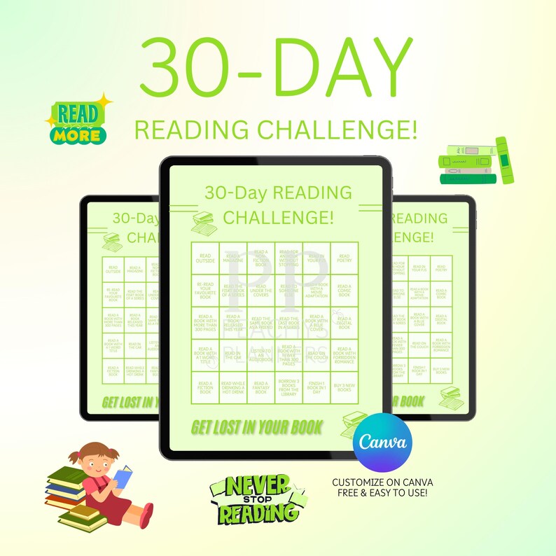 Editable 30 Day Reading Challenge | Canva Template for Book Club Bingo ...