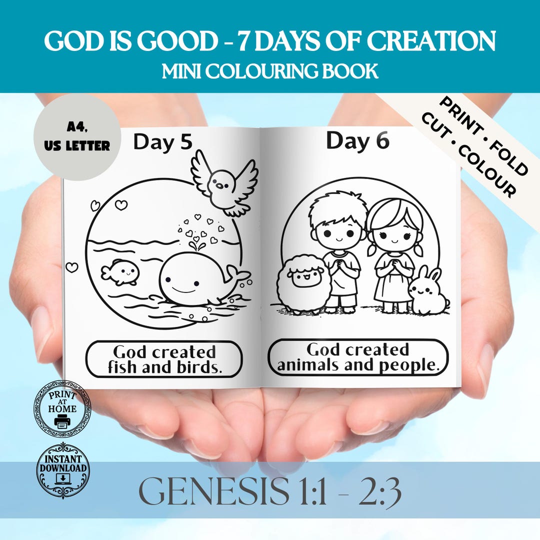 Genesis 7 Days of Creation Mini Colouring Book Printable, Bible Story ...