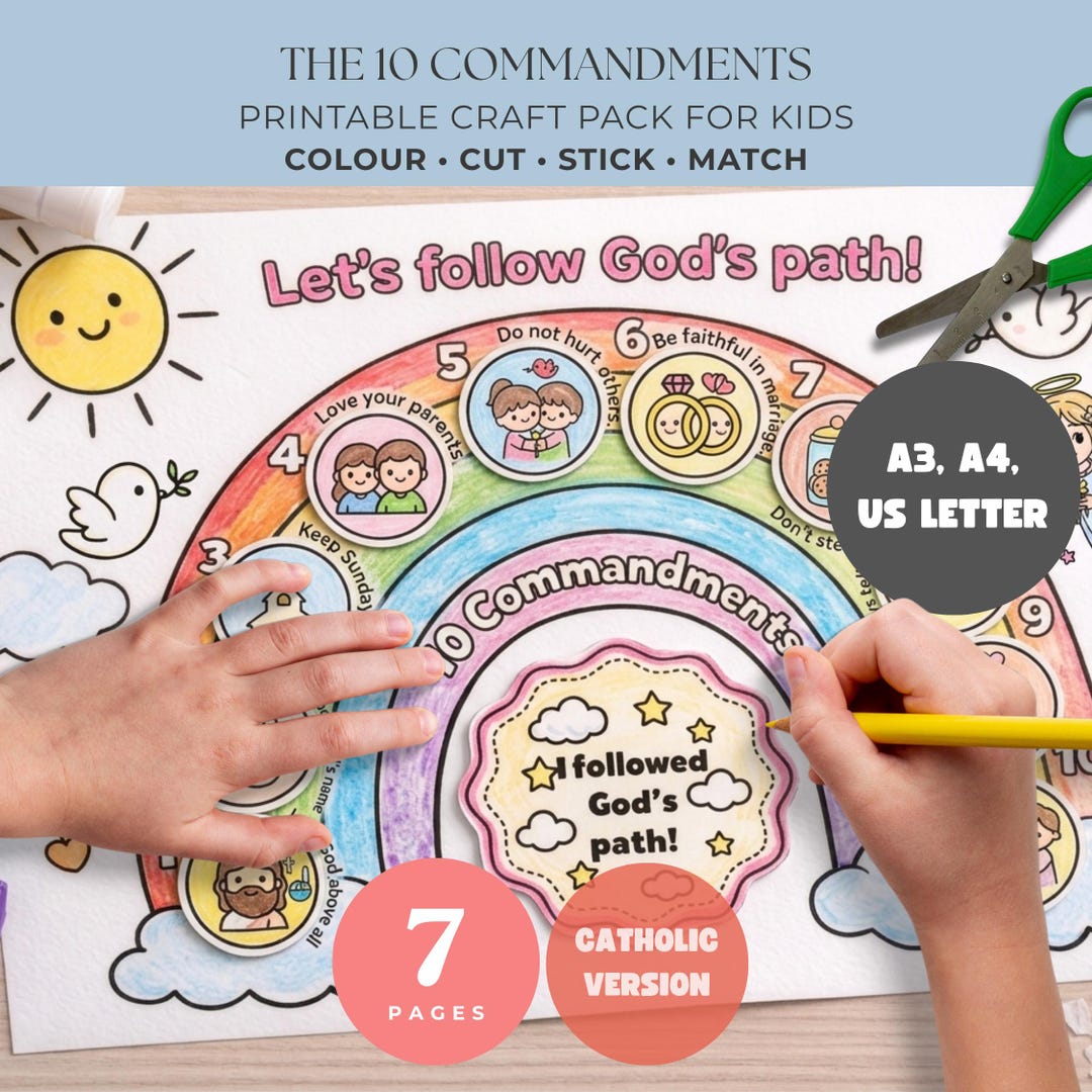 Catholic 10 Commandments Craft Pack for Kids, Colour Cut Stick & Match ...