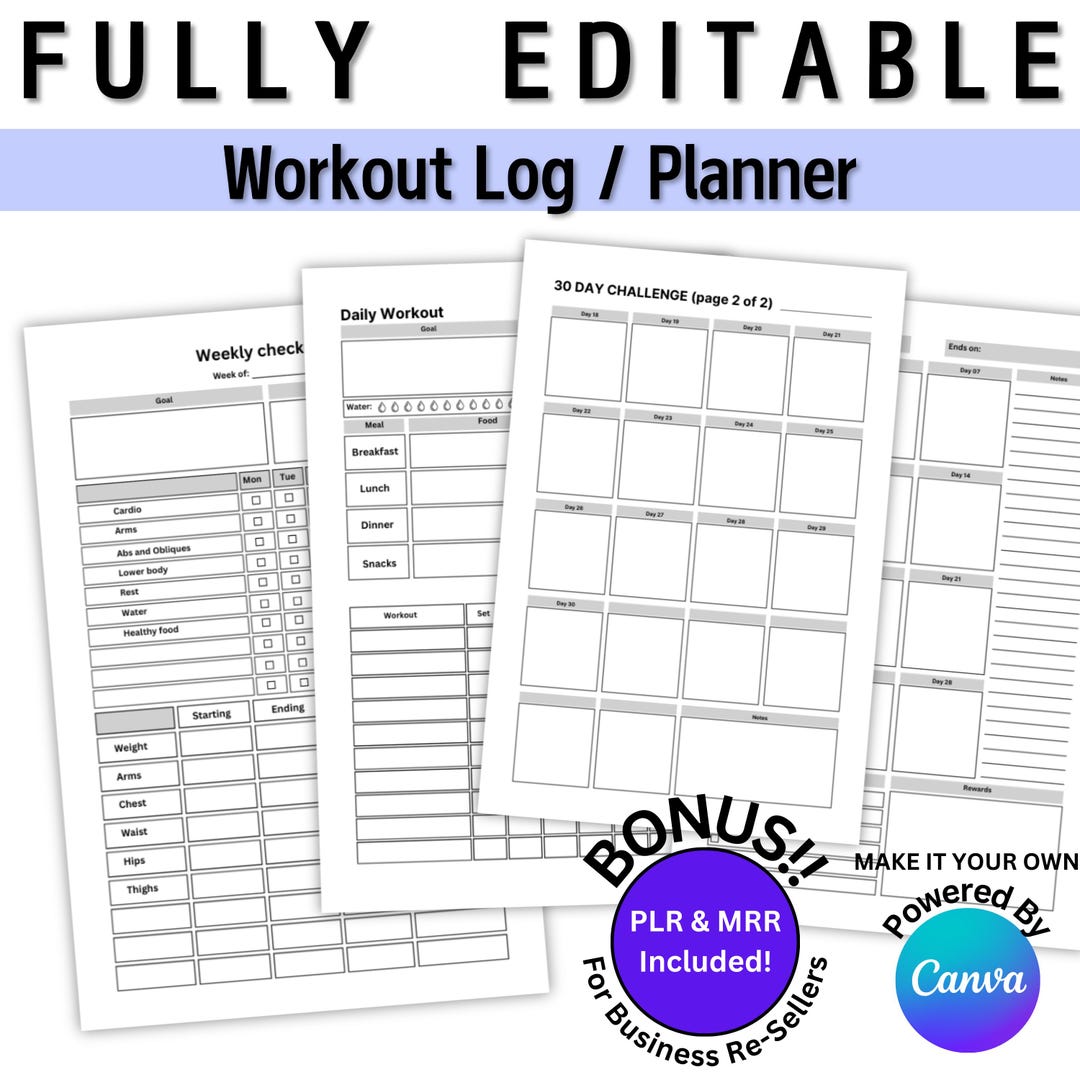 Workout Planner Printable and Fully Editable Template | Daily, Weekly ...