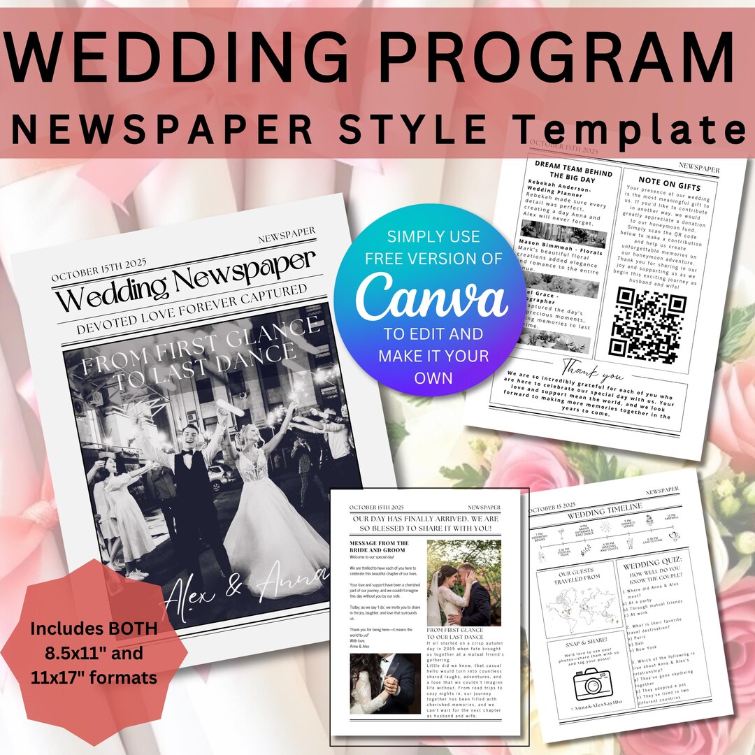 Newspaper Wedding Template | Digital Editable & Printable DIY Custom ...