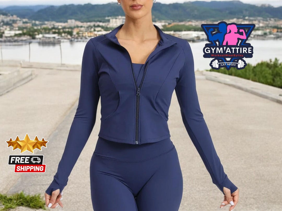 Women's Gym Set | Long Sleeve Workout Outfit | Zipper Training Top and ...