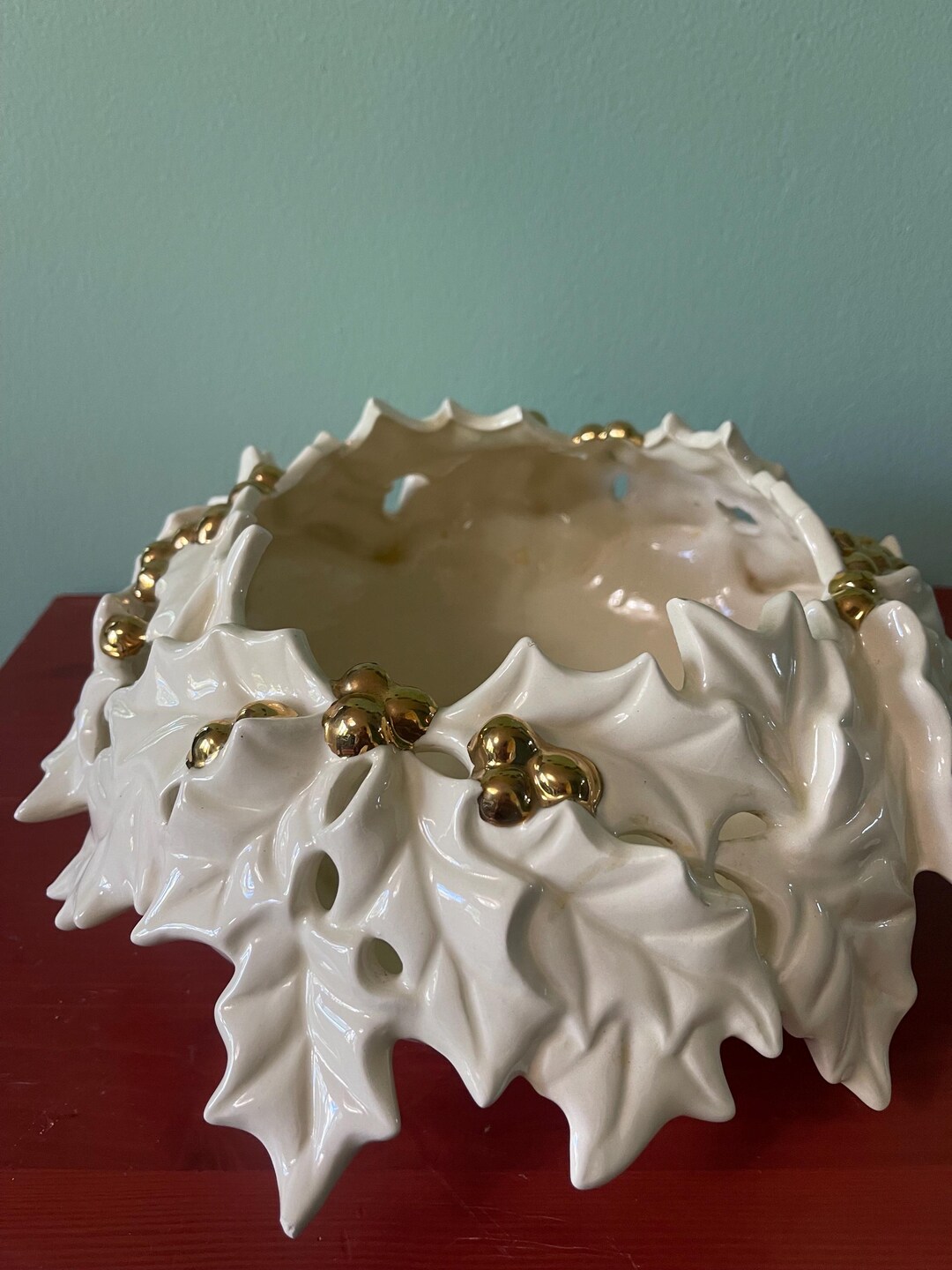 Vintage Atlantic Mold Christmas Ceramic Bowl Holly Leaves and Gold ...