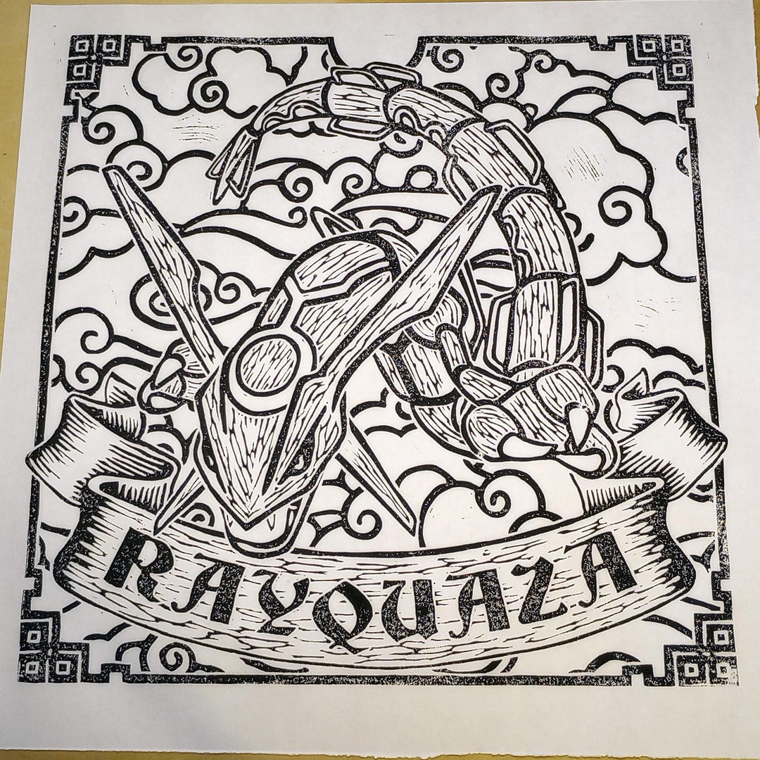 Unframed Rayquaza Linocut Print // Pokemon Art // Large Lino Print ...