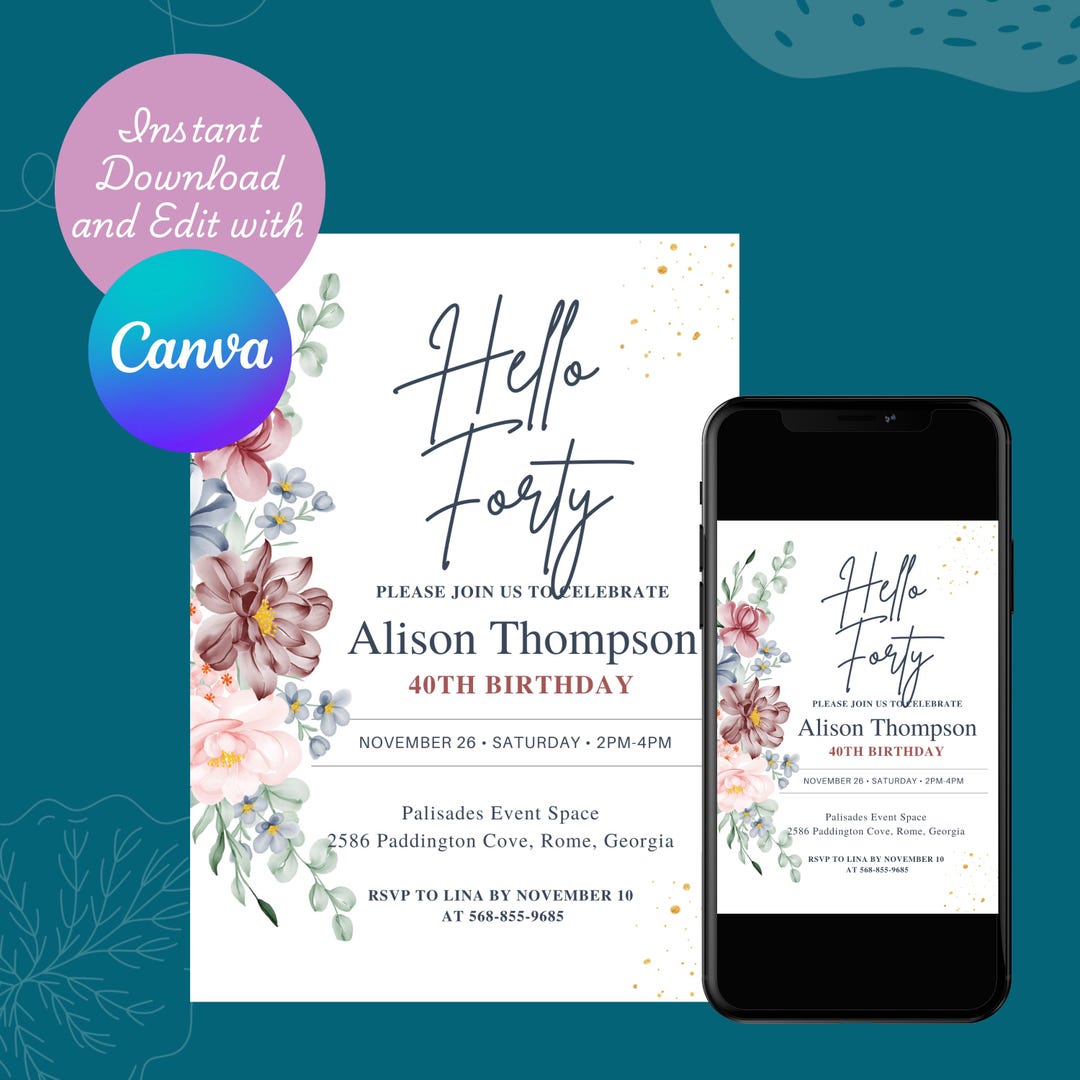 Editable Floral Hello Forty Birthday Invitation. Elegant Feminine ...