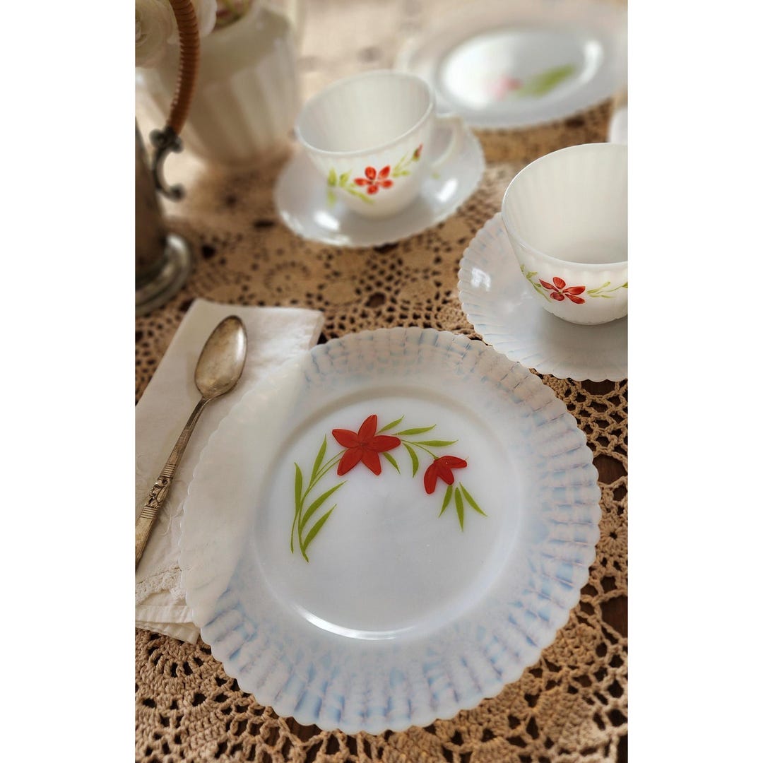 Vintage 4 Piece Set Macbeth Evans Milk Glass Petalware Hand Painted ...