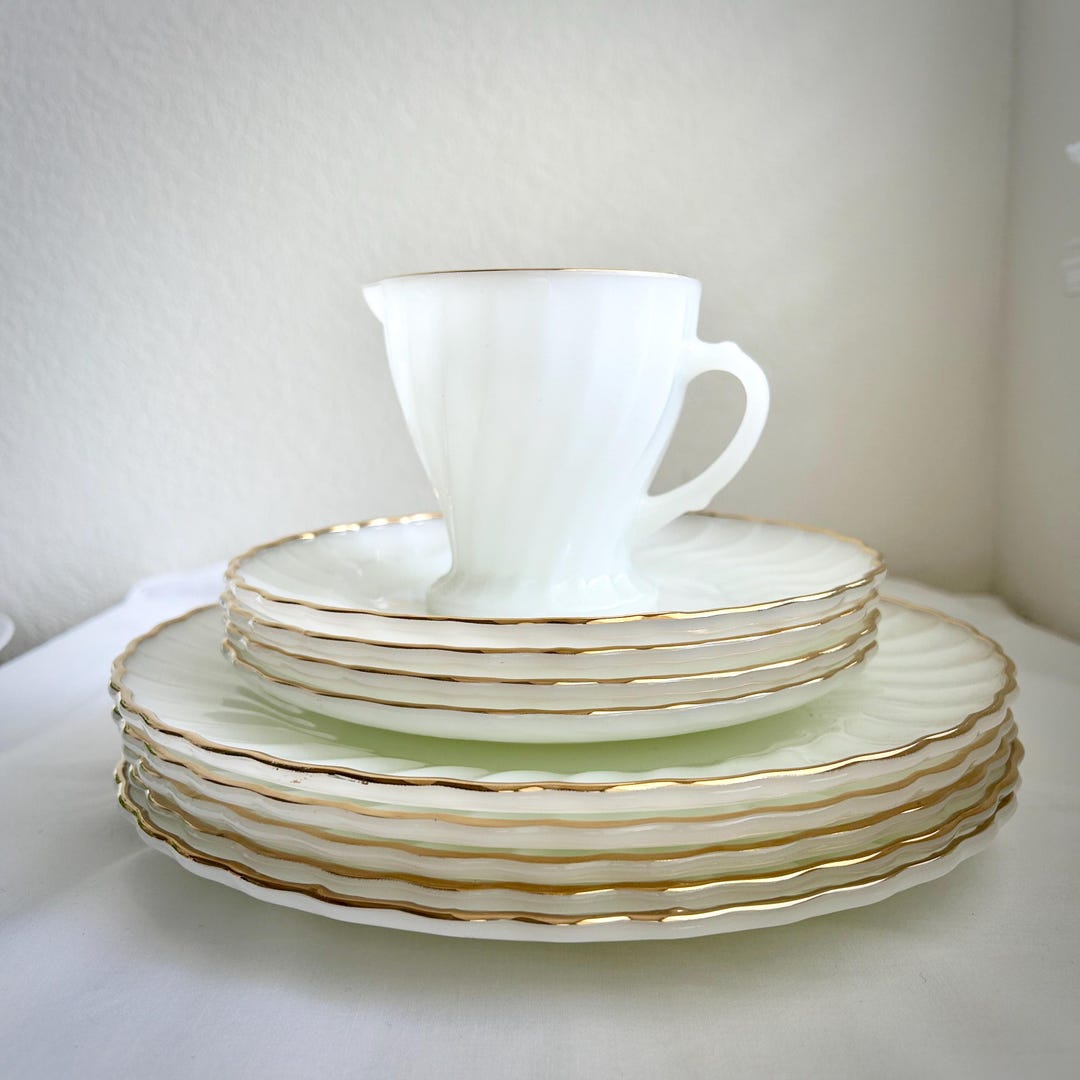 Anchor Hocking Fire King Milk Glass Dinnerware- White Swirl With Gold ...