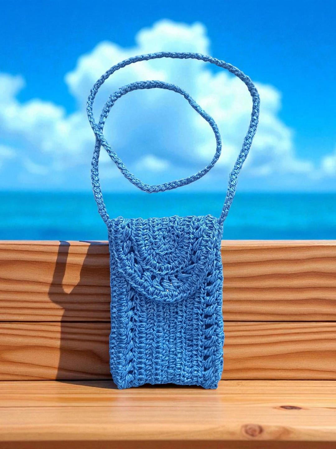 Handmade Crochet Paper Yarn Mini Shoulder Bag: Blue Crossbody Phone ...