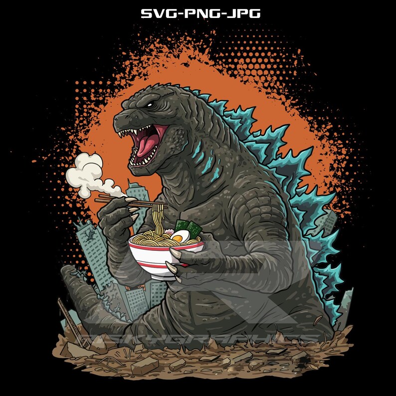 Godzilla Eating Ramen Illustration, SVG, PNG, JPG, Digital Files ...