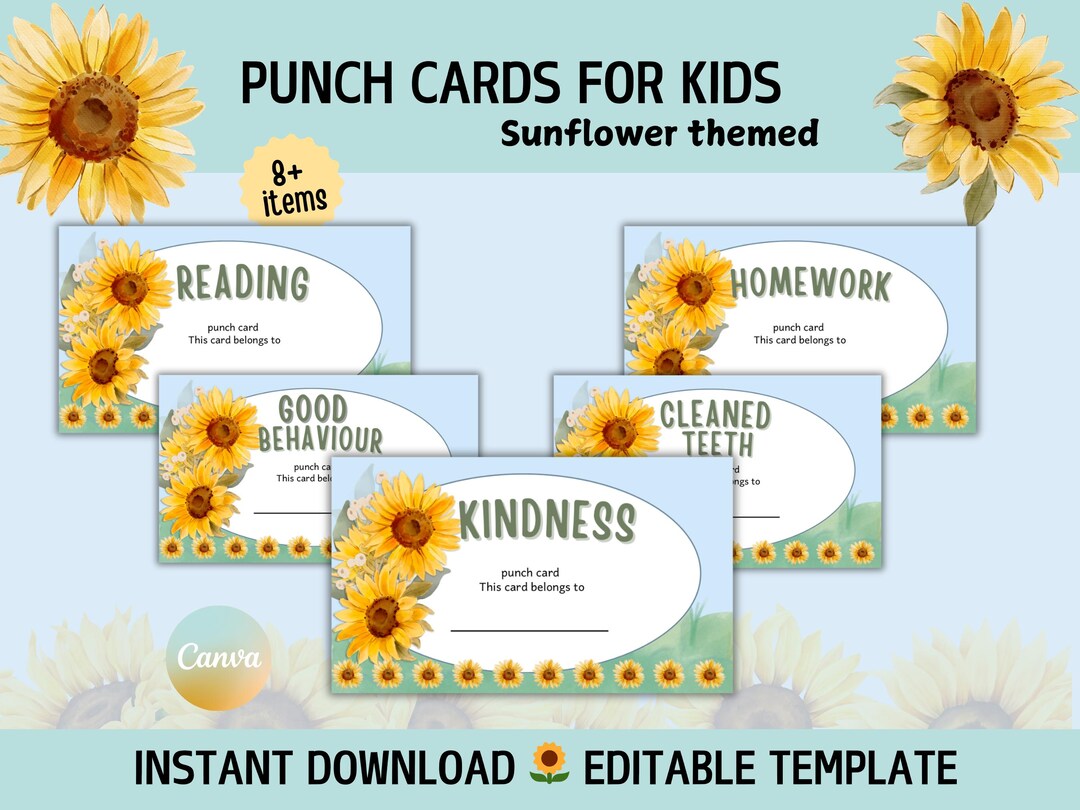Printable Reward Punch Cards for Kids, Sunflower Themed, Editable Punch ...