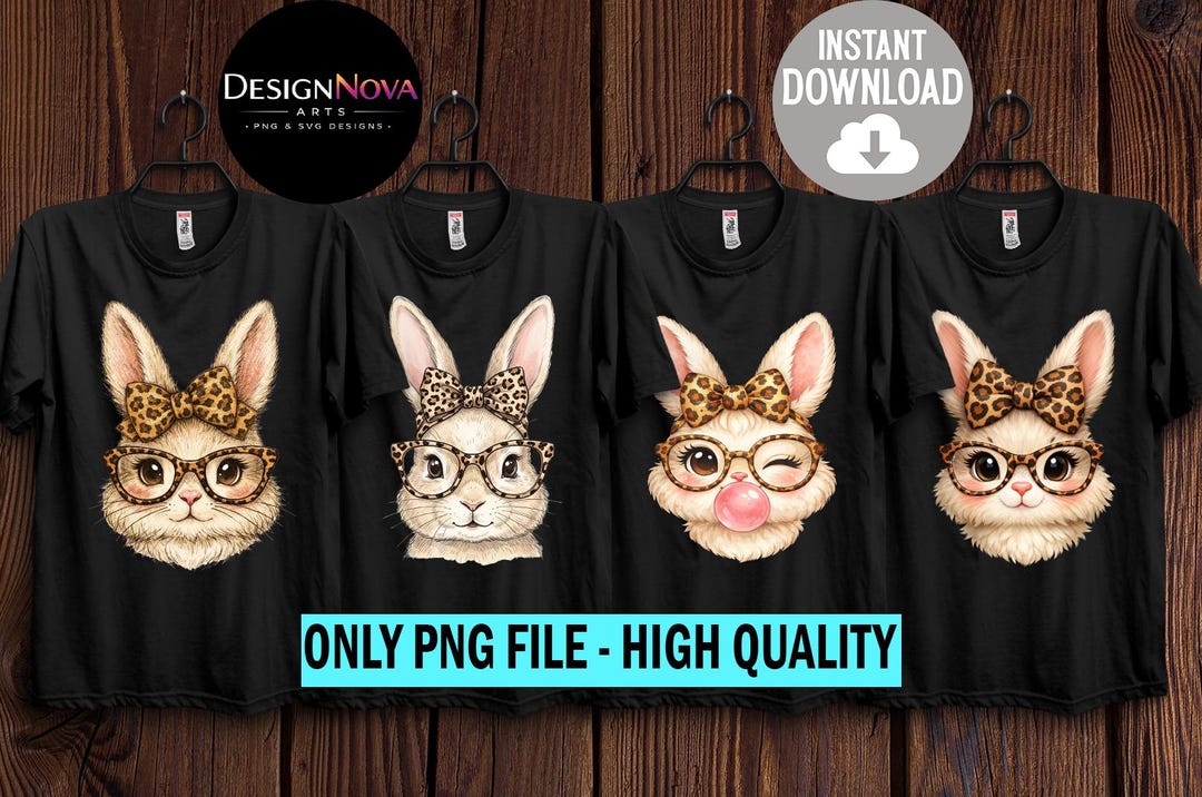 4 PNG Designs Bunny PNG Bundle, Leopard Bow Glasses Clipart, Funny ...