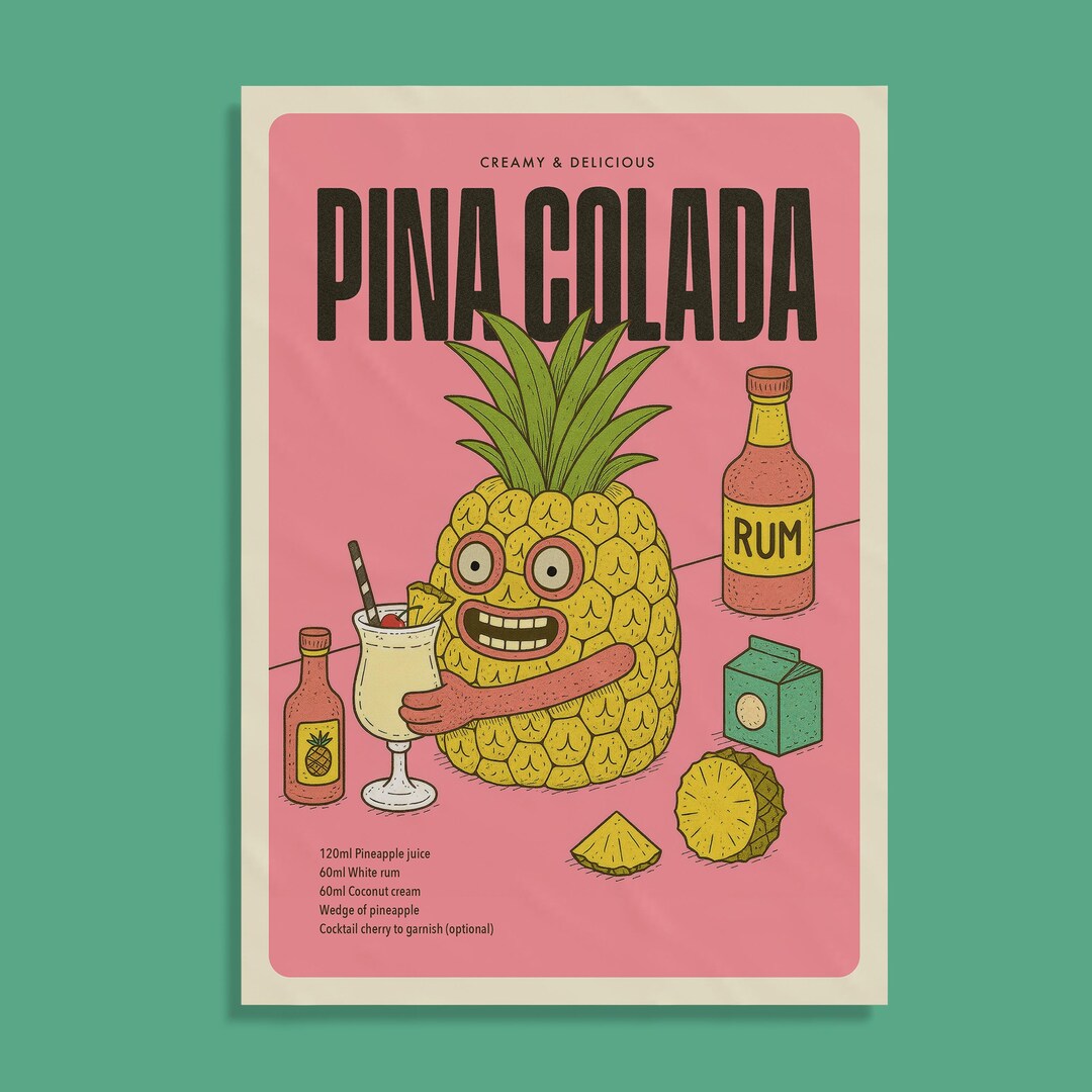 Quirky Piña Colada Poster | Printable Cocktail Art | Retro Pineapple ...