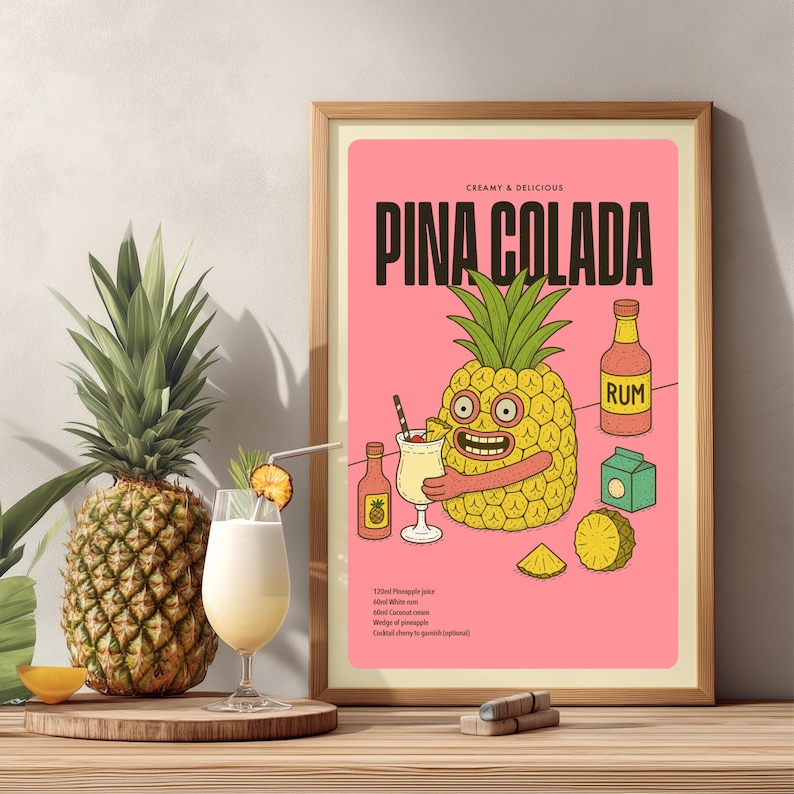 Quirky Piña Colada Poster | Printable Cocktail Art | Retro Pineapple ...