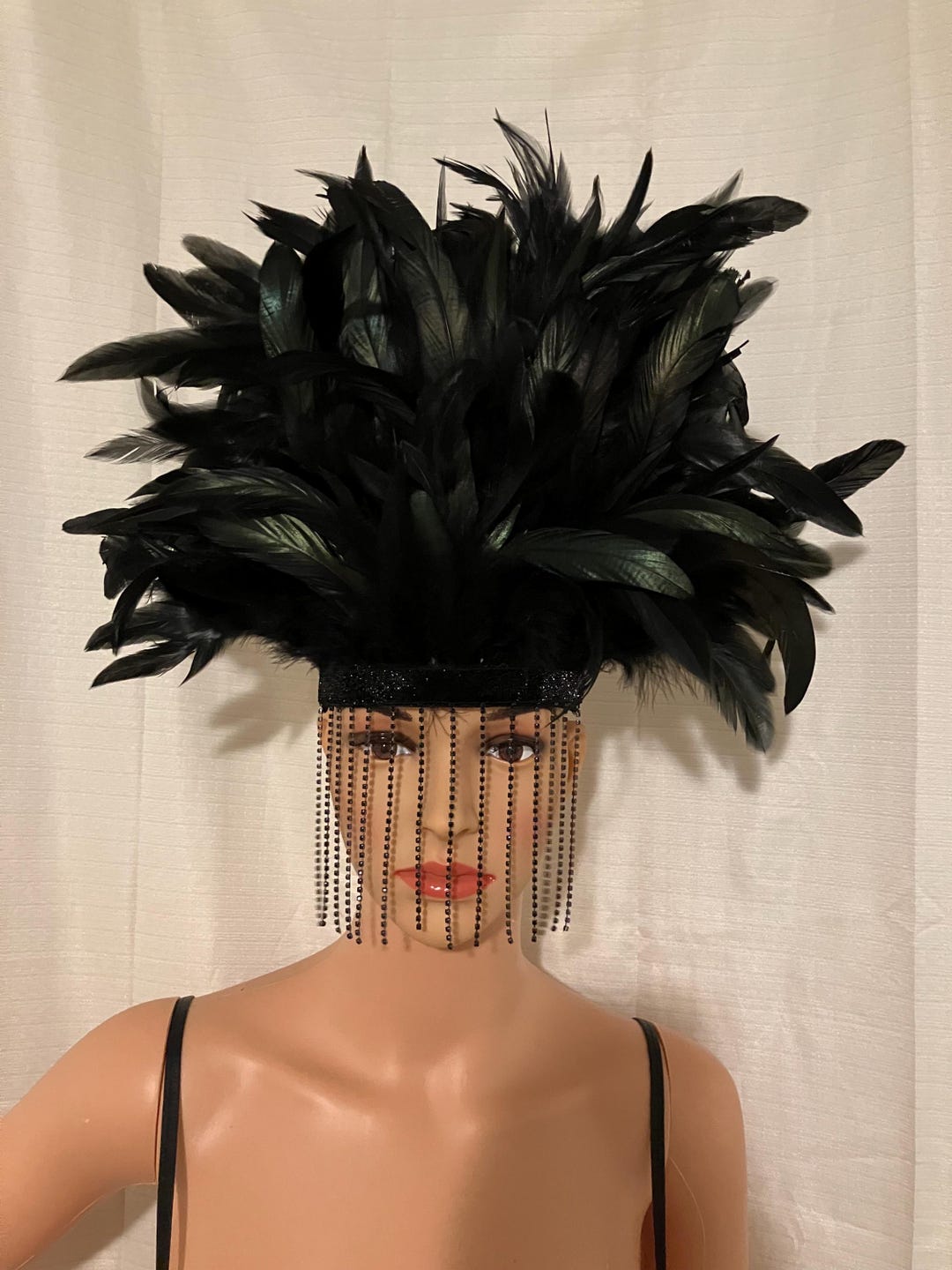 Black and Green Feather Headpiece With Rhinestone Mask for Festival ...