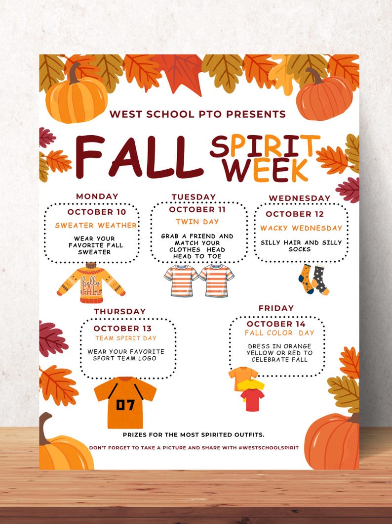 Editable Fall Spirit Week Flyer,school Events Schedule,trending Fall ...