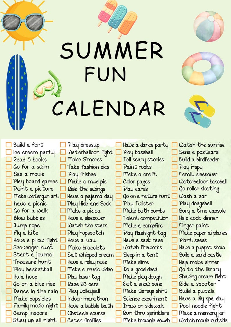 Printable Summer Fun Calendar, Summer Activities Calendar,summer Bucket ...
