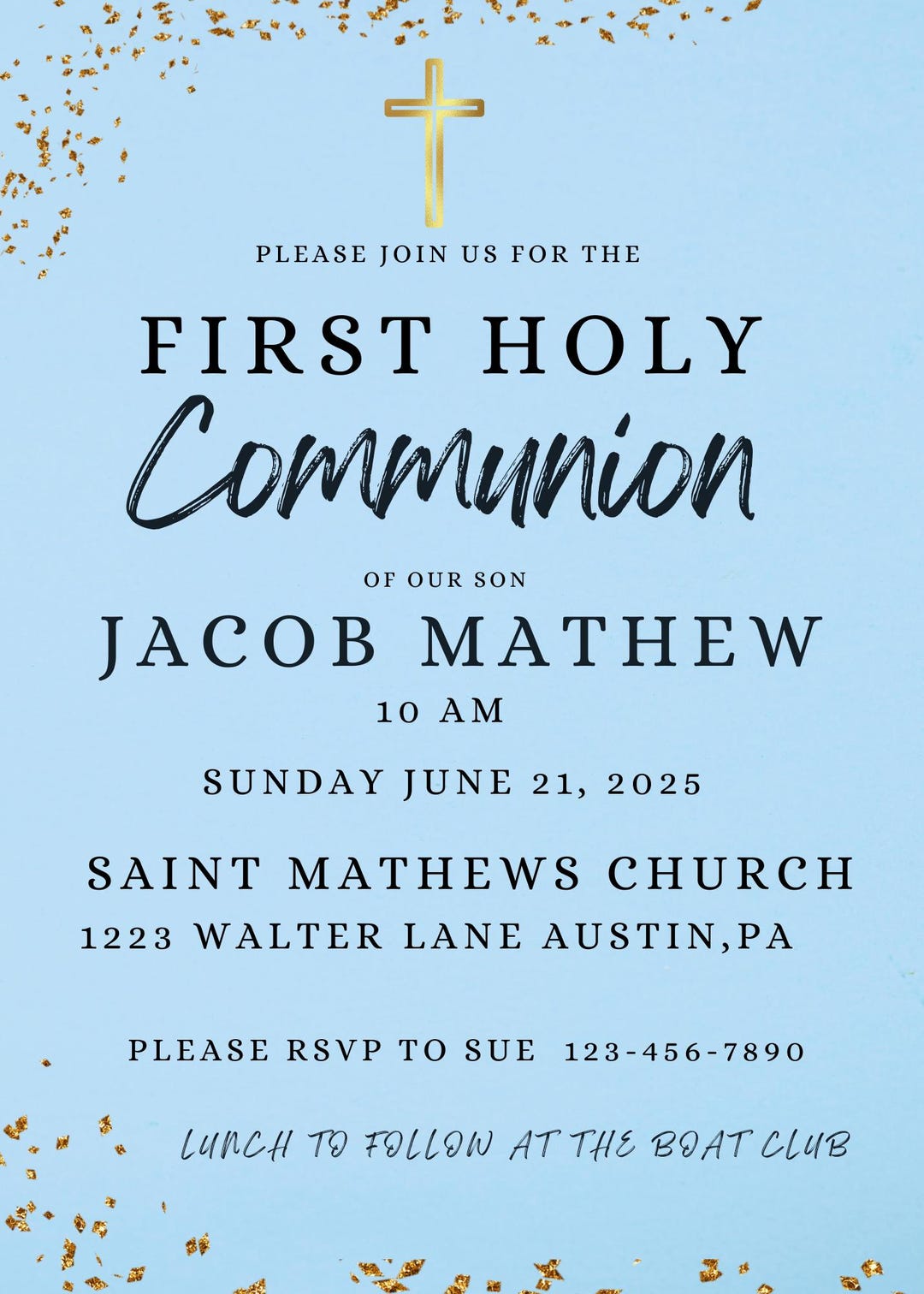 Blue & Gold First Holy Communion Invitation for a Boy, Light Blue ...