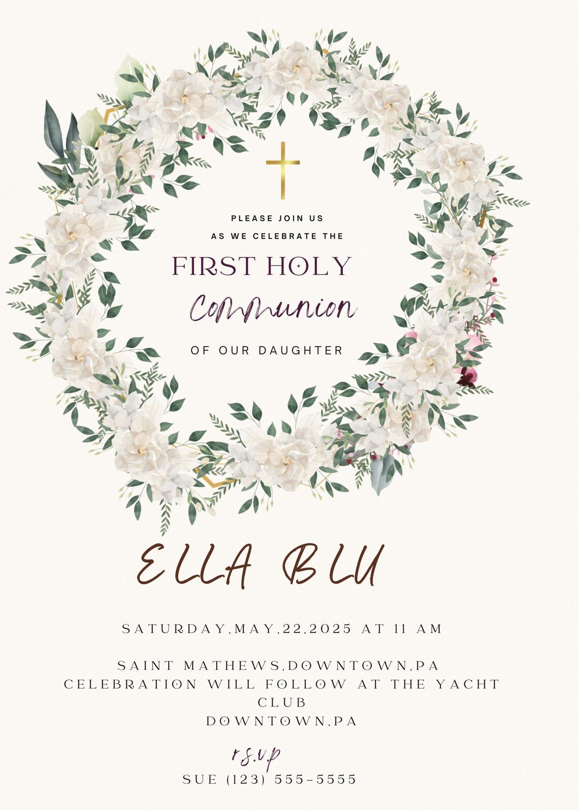 First Holy Communion Invite, Rustic With Flowers, First Communion ...