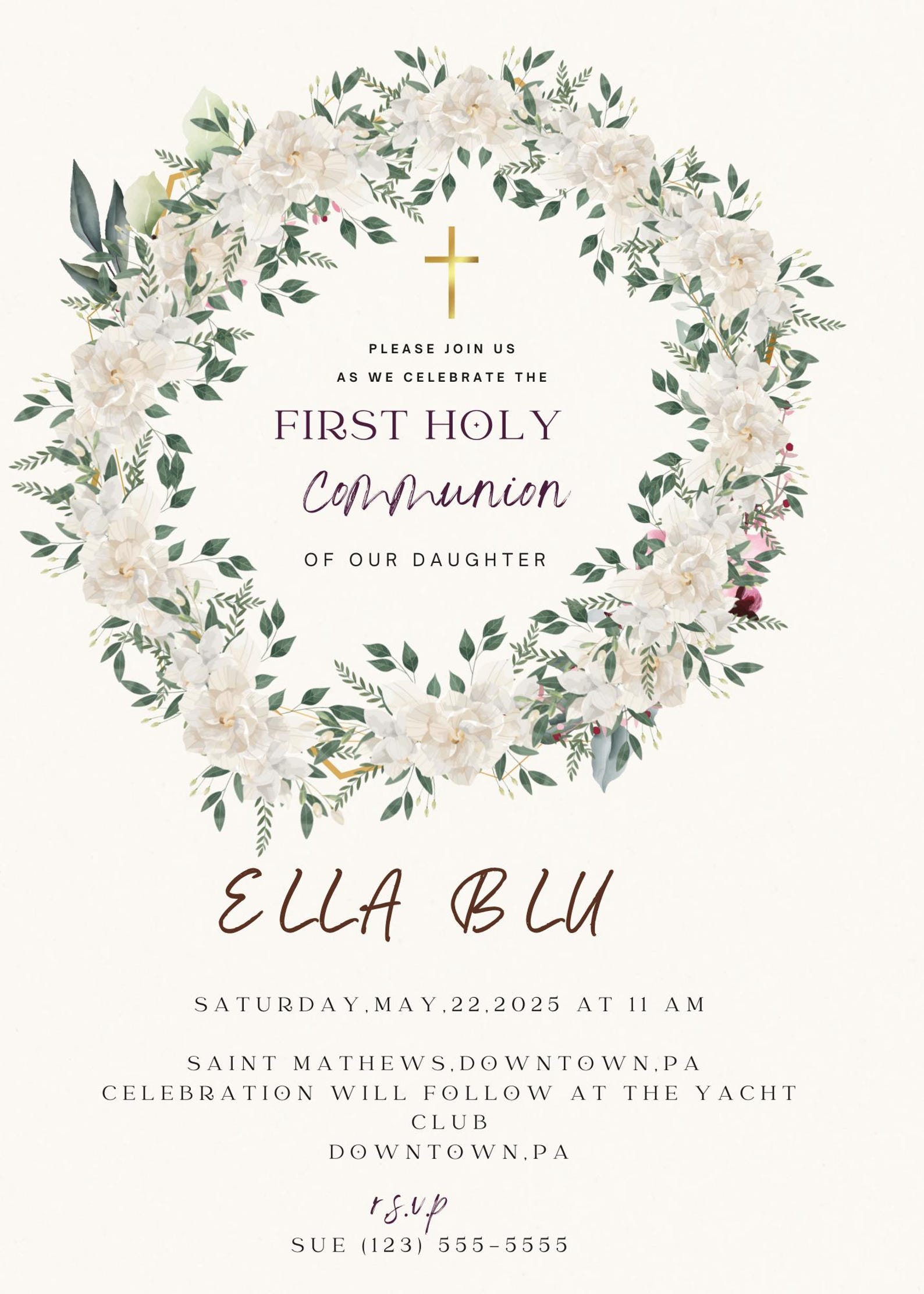 First Holy Communion Invite, Rustic With Flowers, First Communion ...