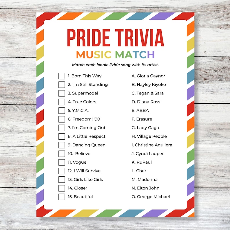 Pride Month Music Trivia Game, Fun Pride Quiz, LGBTQ+ Printable Party ...