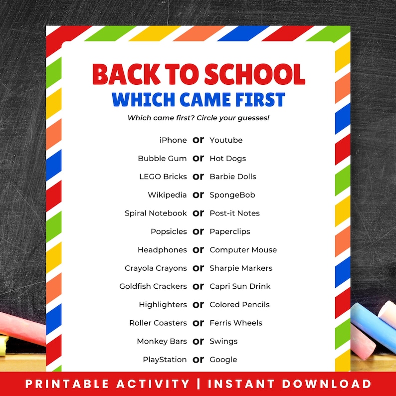 Back to School Printable Trivia Game – Which Came First | Fun First Day ...
