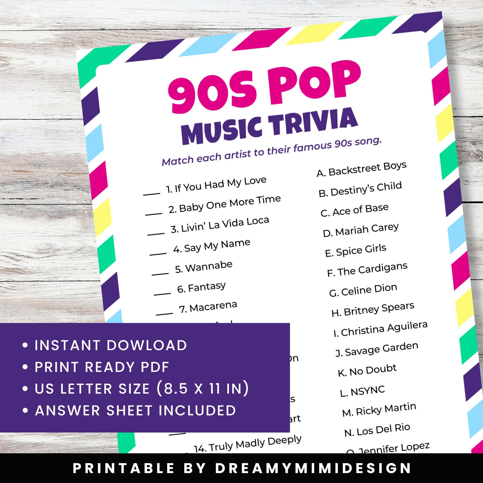 90s Music Trivia Game Printable, 90s Party Quiz, Summer Party Game for ...