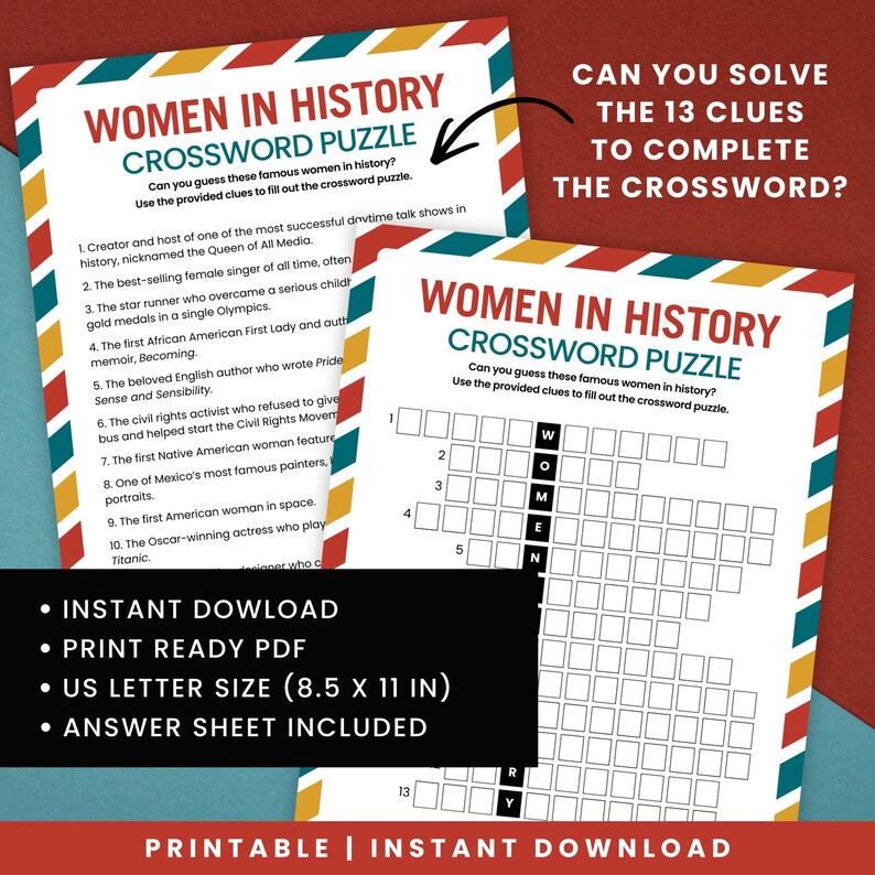 Famous Women in History Crossword Puzzle, PRINTABLE Womens History ...