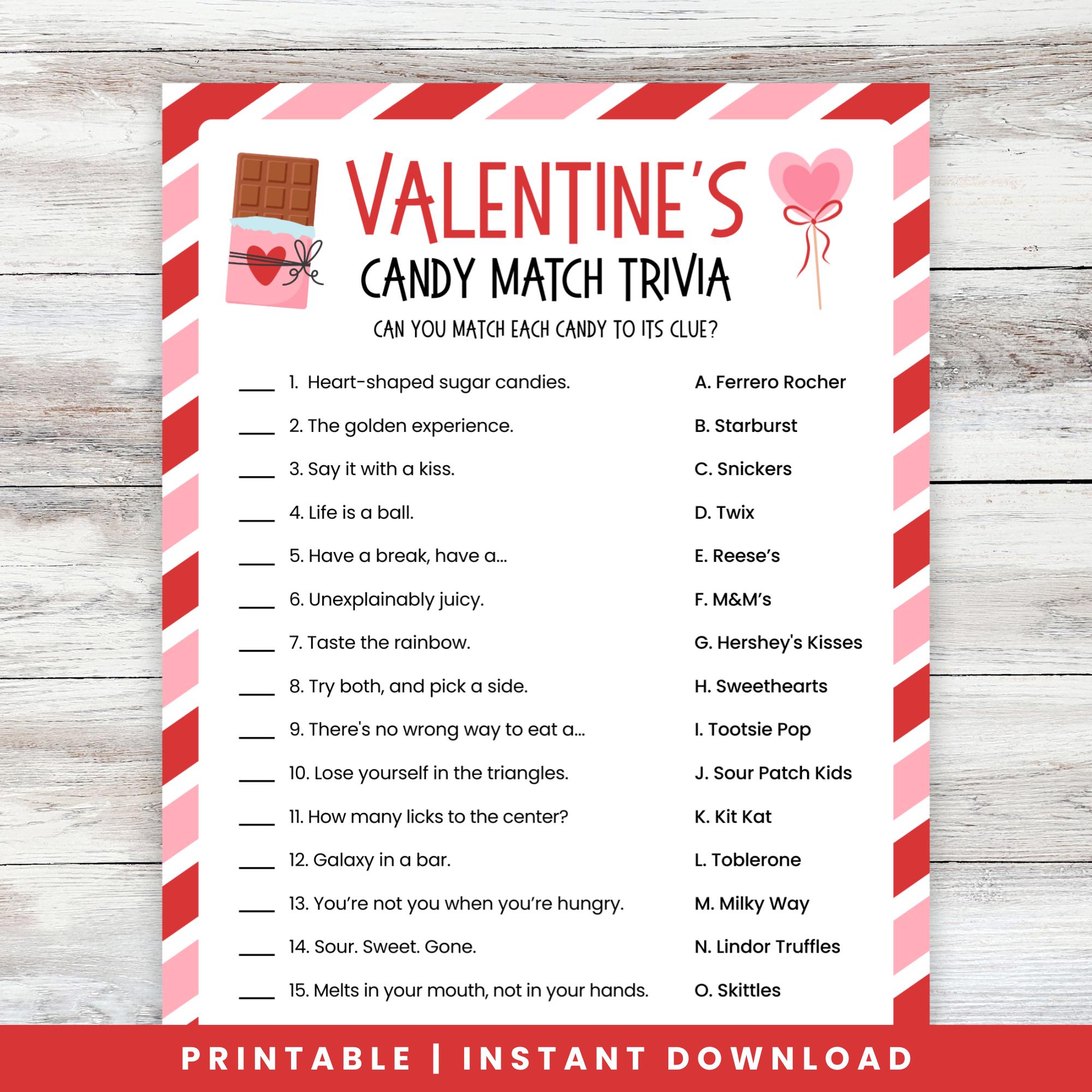 Valentines Candy Match up Game | Valentine Trivia | Valentines Day ...