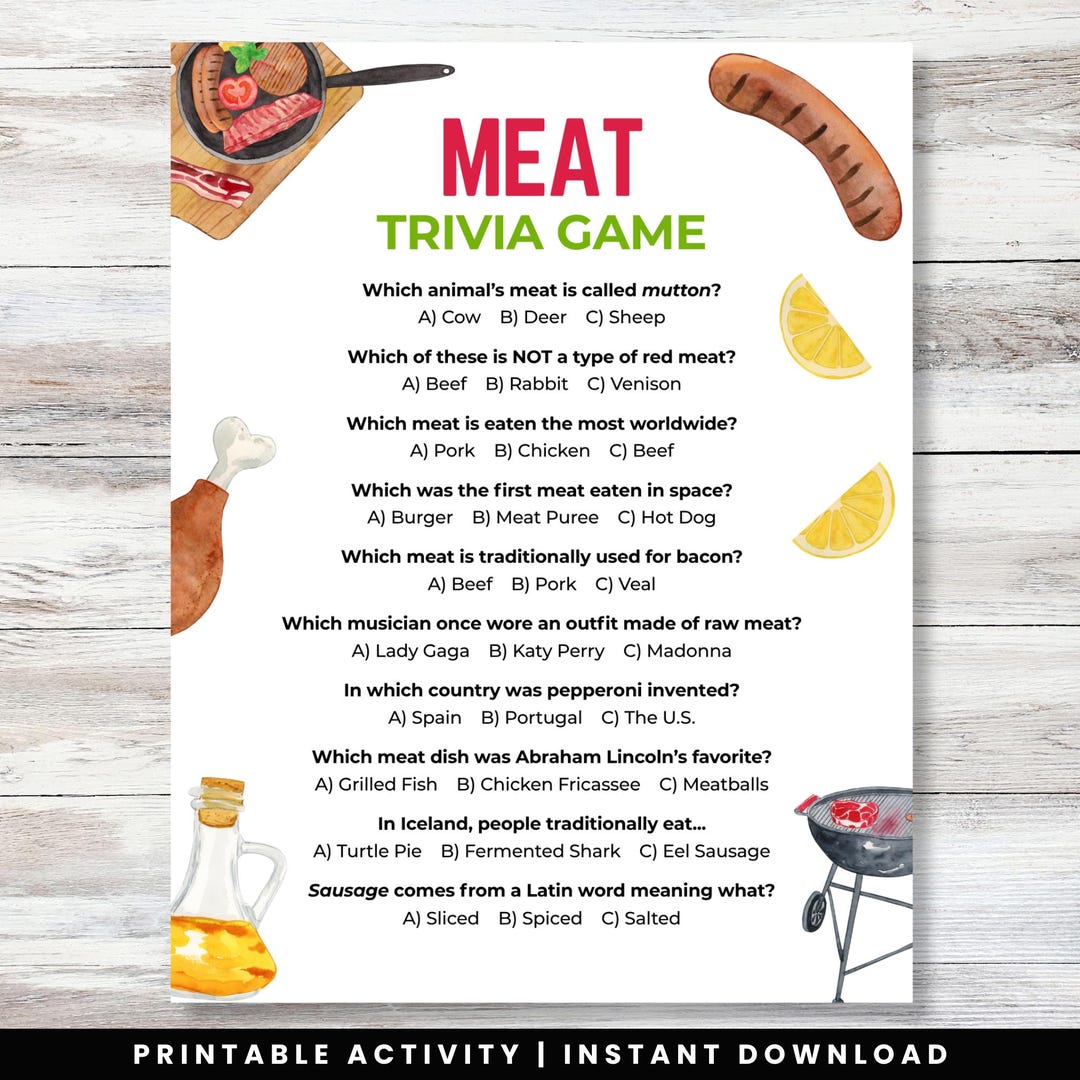 Fourth of July Meat Trivia Game | Printable BBQ Party Quiz | Summer ...