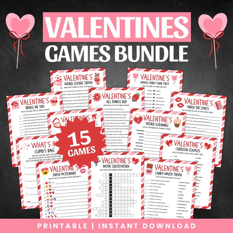 Valentine Game Bundle | 15 PRINTABLE Valentines Games for Kids & Adults ...