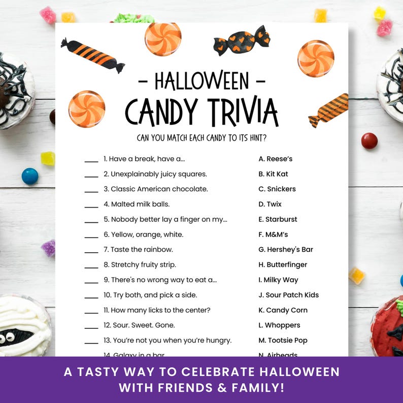 Halloween Candy Match Trivia Game | Printable Halloween Activity for ...